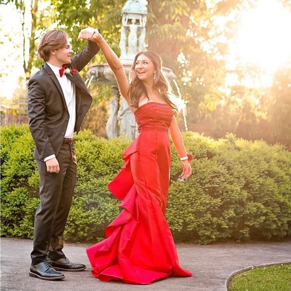 Dresses | Red Strapless Prom Dress With Ruffled Train | Poshmark